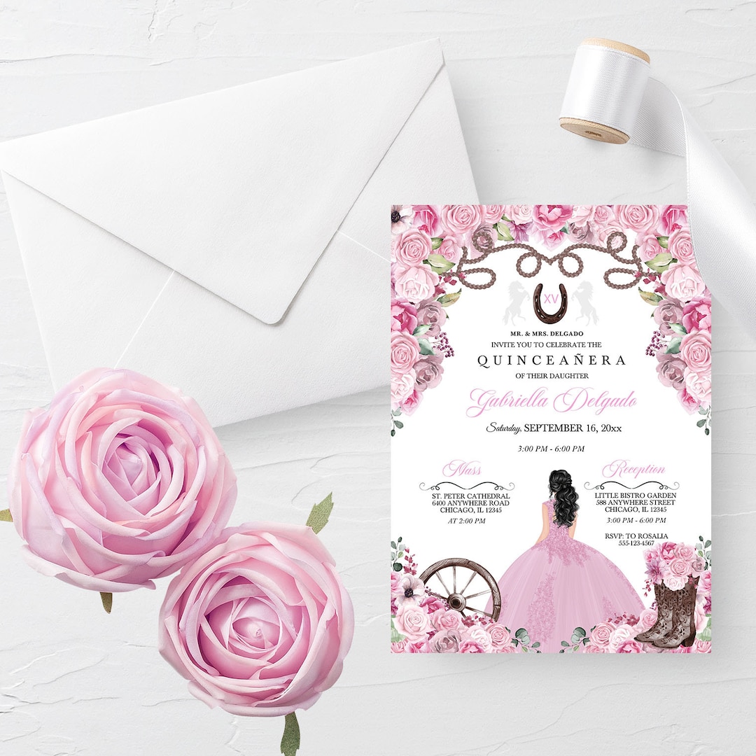 EDITABLE Invitation, Pink Western Cowboy Boots Quinceanera Invitation ...