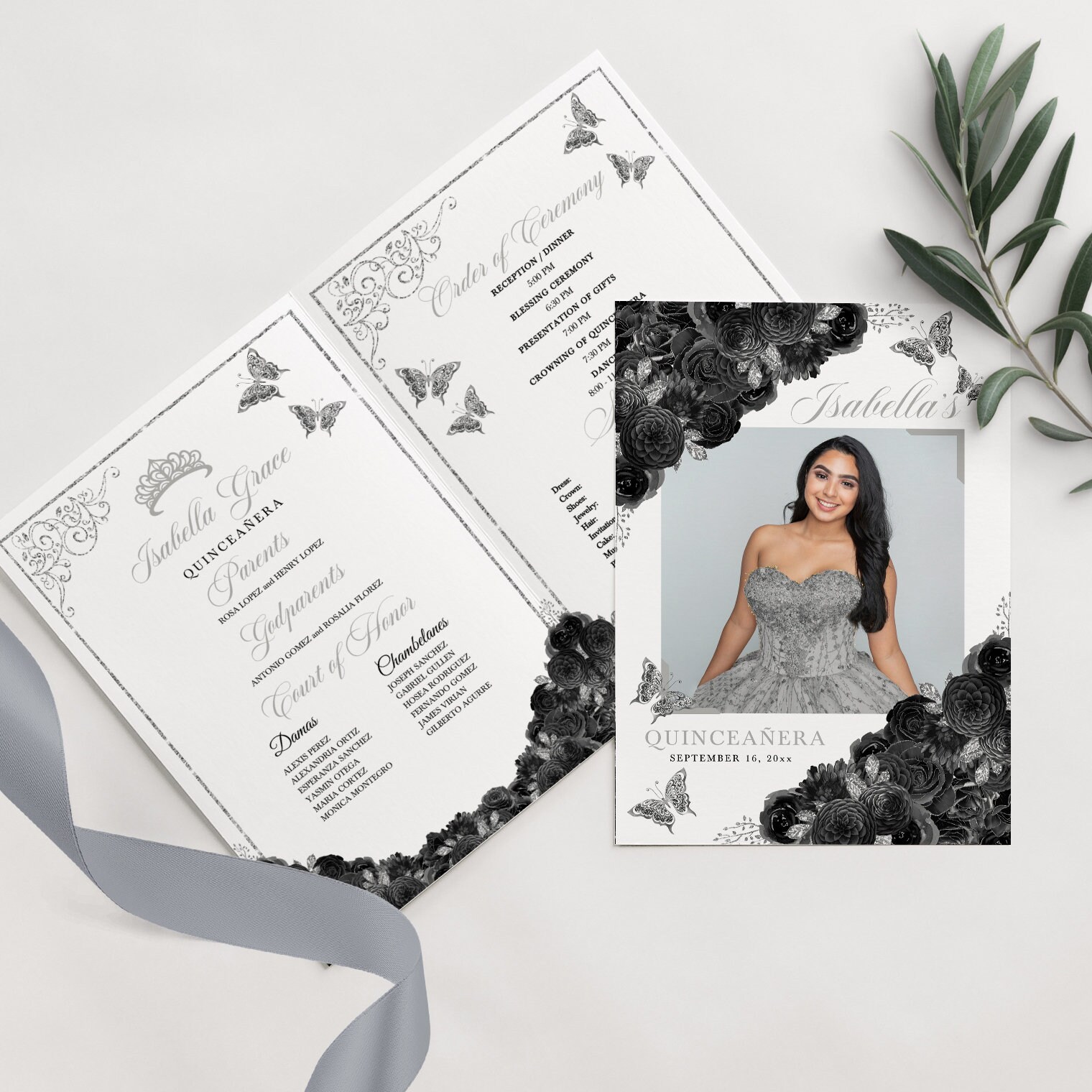 EDITABLE Program Template Elegant Black & Silver Floral - Etsy