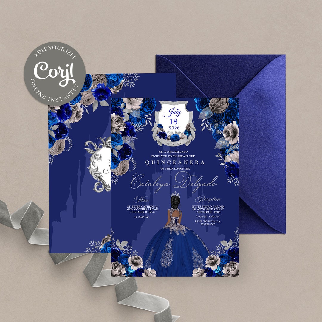 EDITABLE Invitation, Royal Blue & Silver Floral Quinceanera Invitation ...