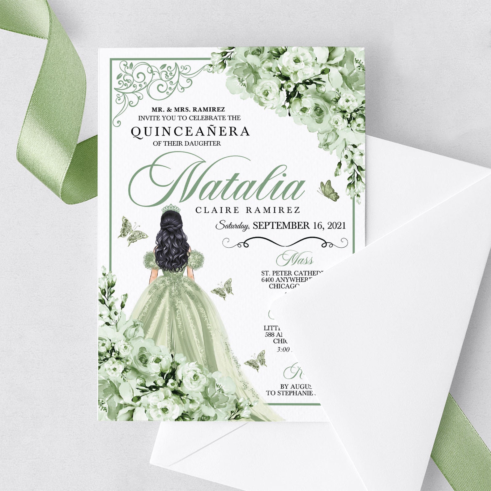 Invitación EDITABLE, Invitación de Quinceañera Floral Verde Salvia ...