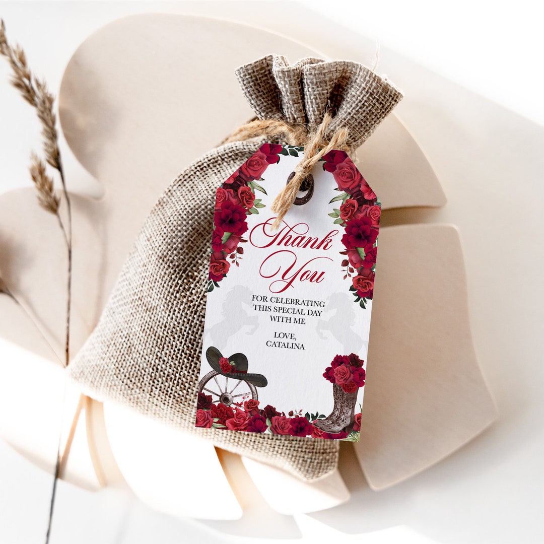 EDITABLE Favor Tag, Red Roses Western Quinceanera Favor Tag, Label ...