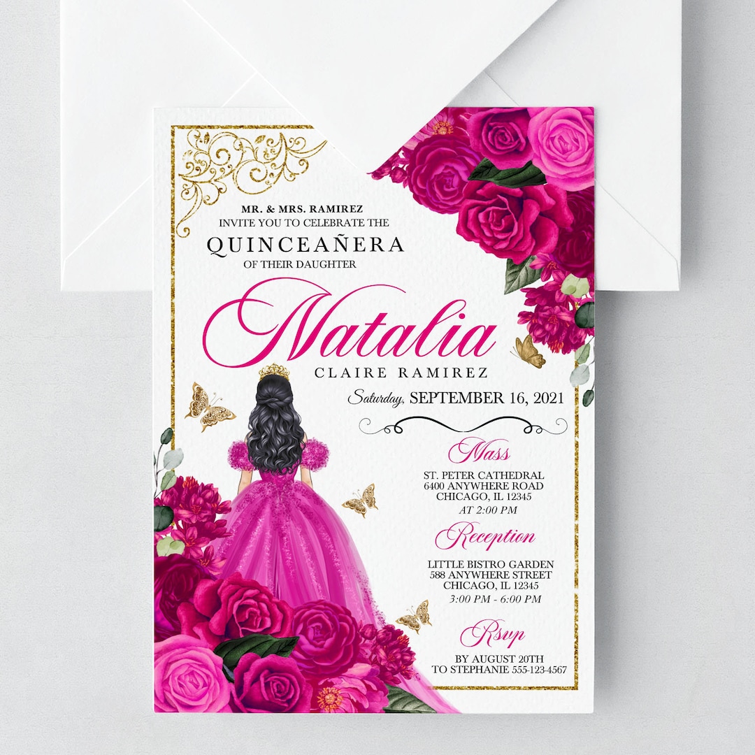 EDITABLE Invitation, Fuchsia Pink & Gold Floral Quinceanera Invitation ...