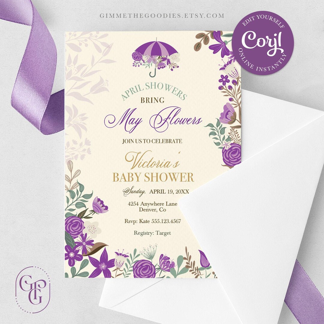 April Showers Baby Shower Invitation: Purple Floral Umbrella (editable ...