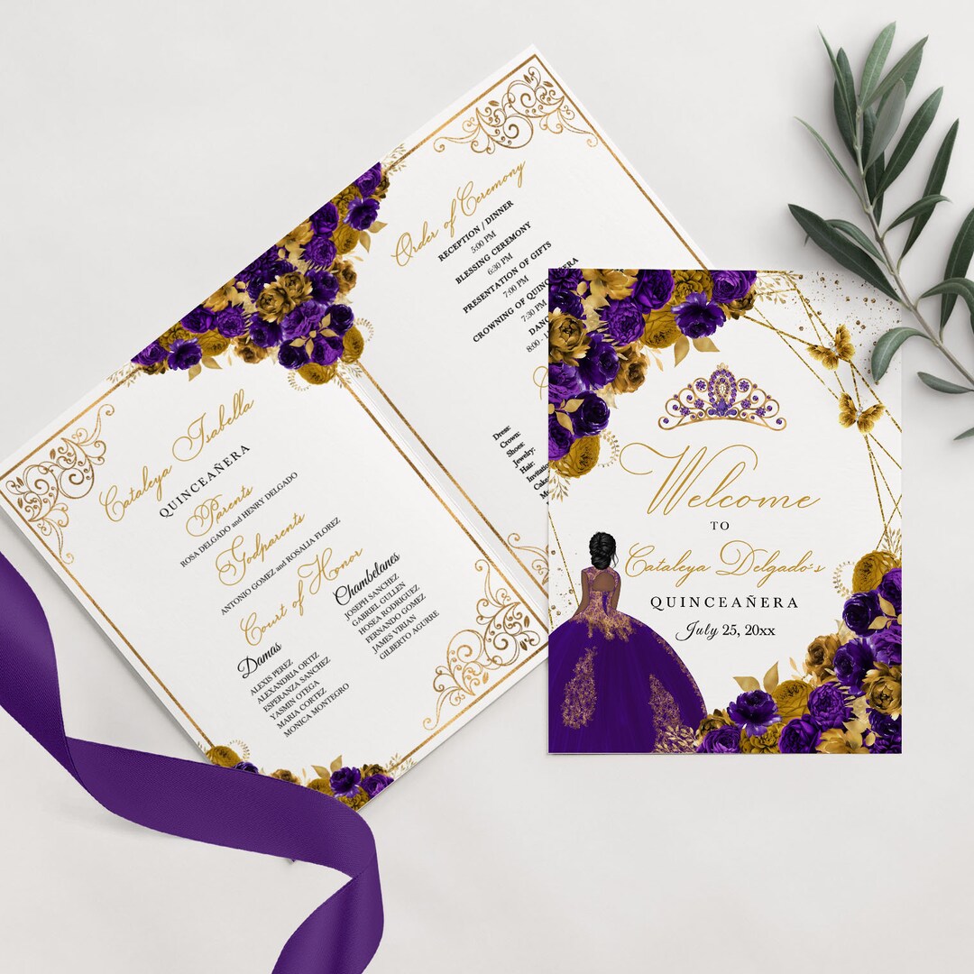 EDITABLE Program Template, Purple & Gold Floral Quinceanera Program ...
