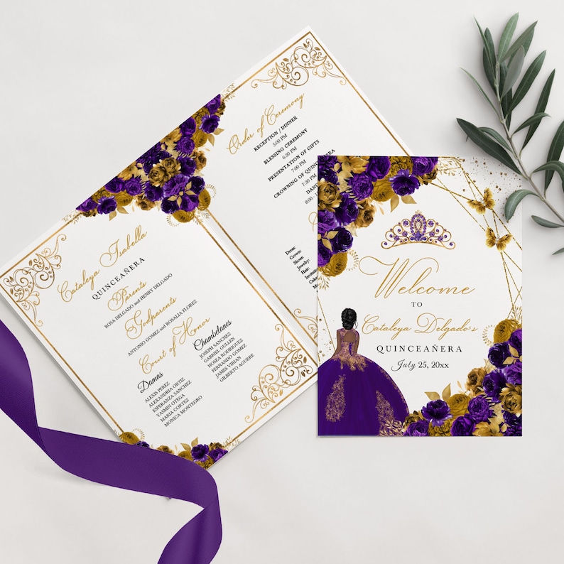 EDITABLE Program Template Purple & Gold Floral Quinceanera - Etsy