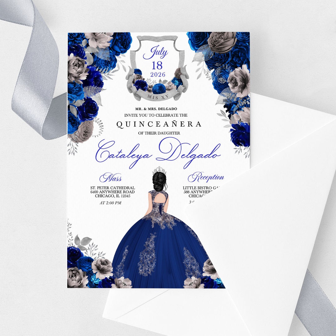 Royal Blue Floral Quinceanera Invitation: Editable Template (corjl) - Etsy