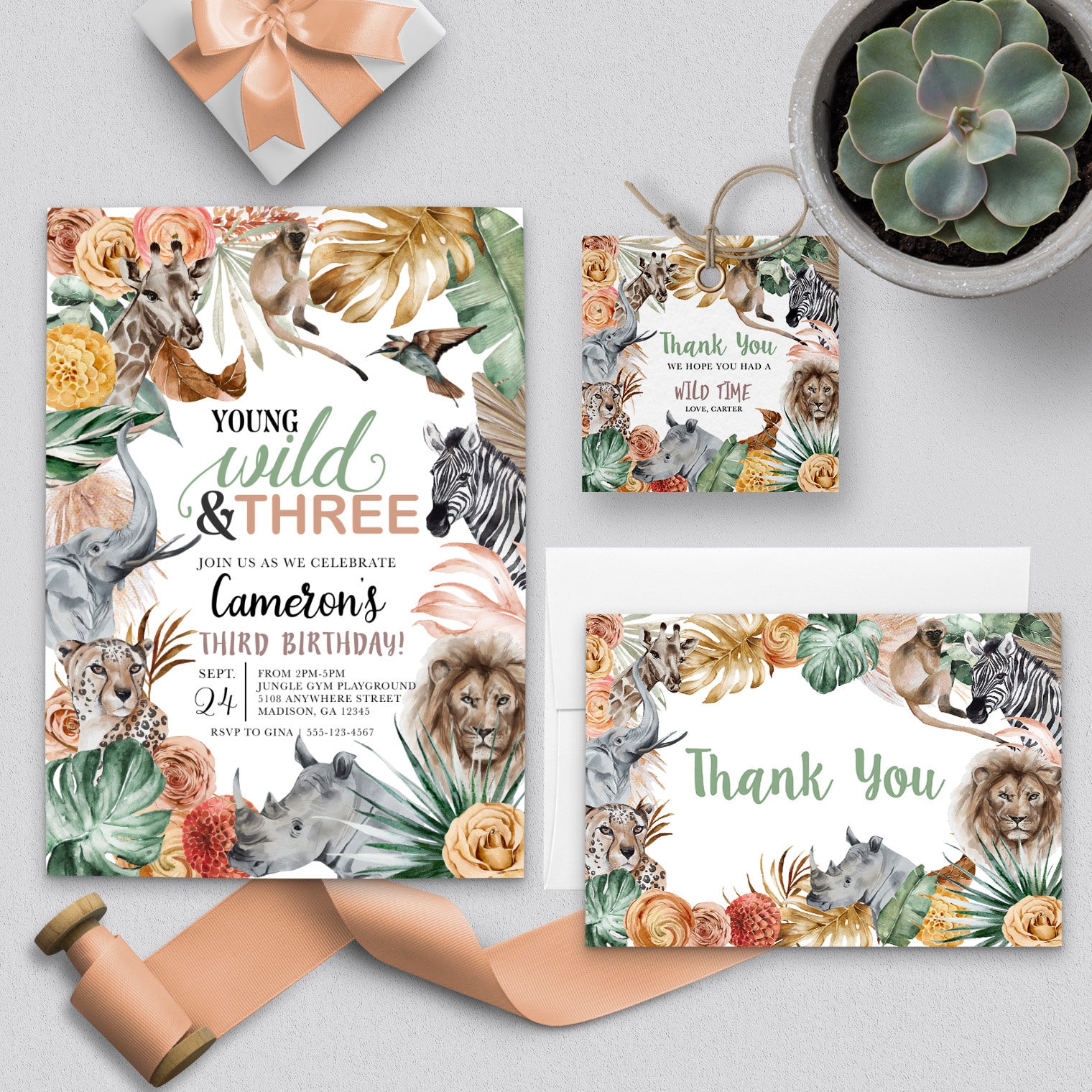 EDITABLE Invitation Boho Jungle Safari Young Wild and Three | Etsy