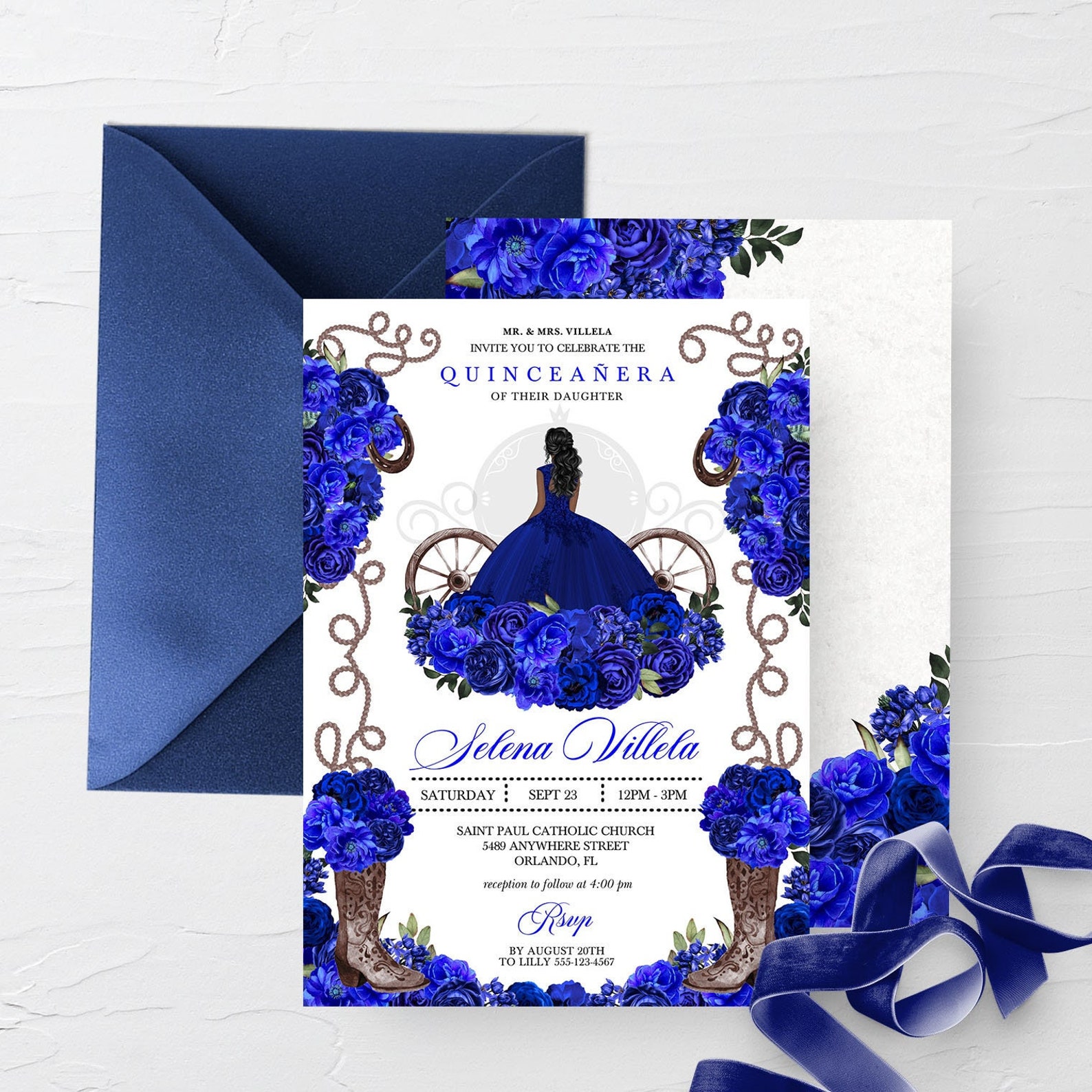 EDITABLE Invitation Royal Blue Western Ranchero Quinceanera - Etsy