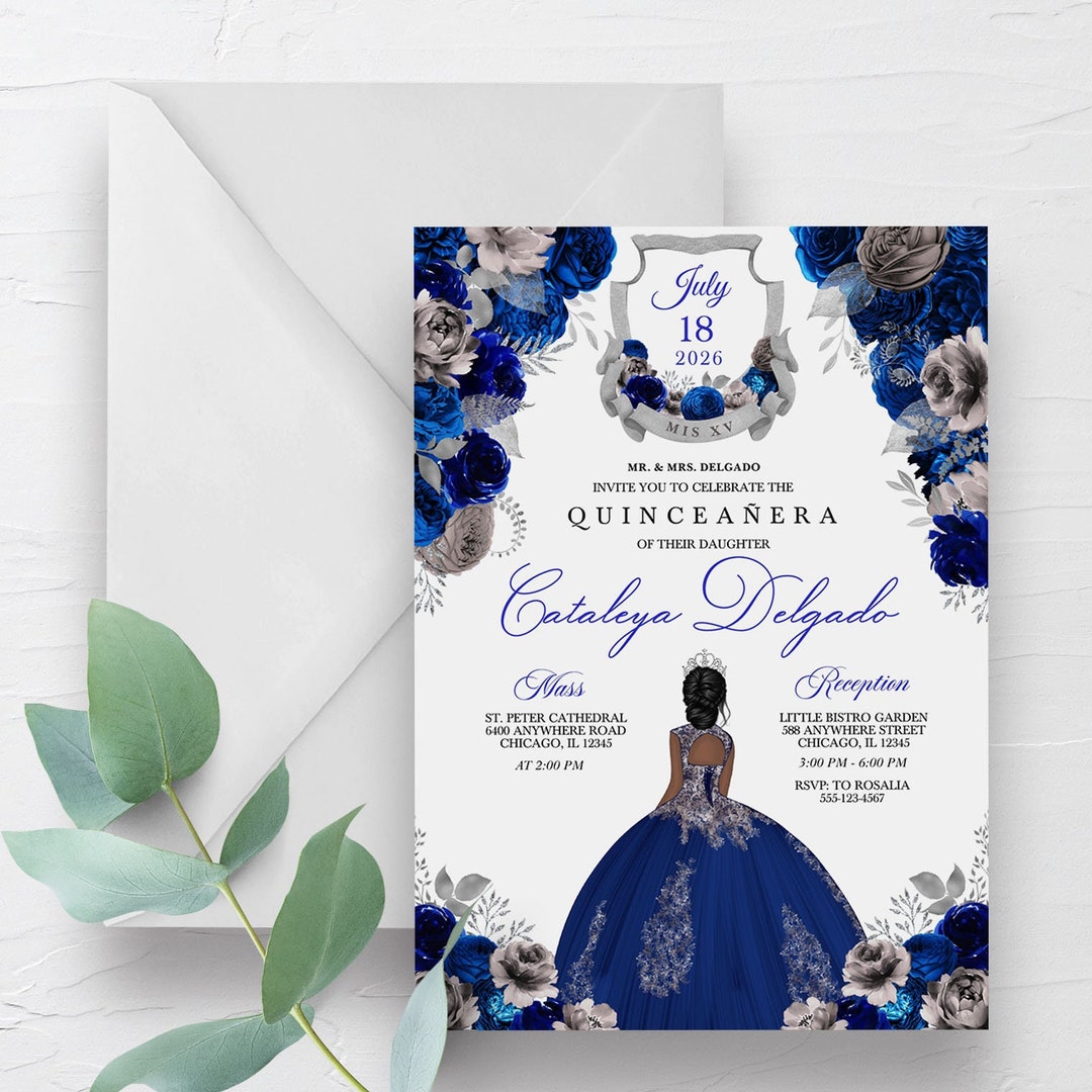 Royal Blue Floral Quinceanera Invitation: Editable Template (digital ...