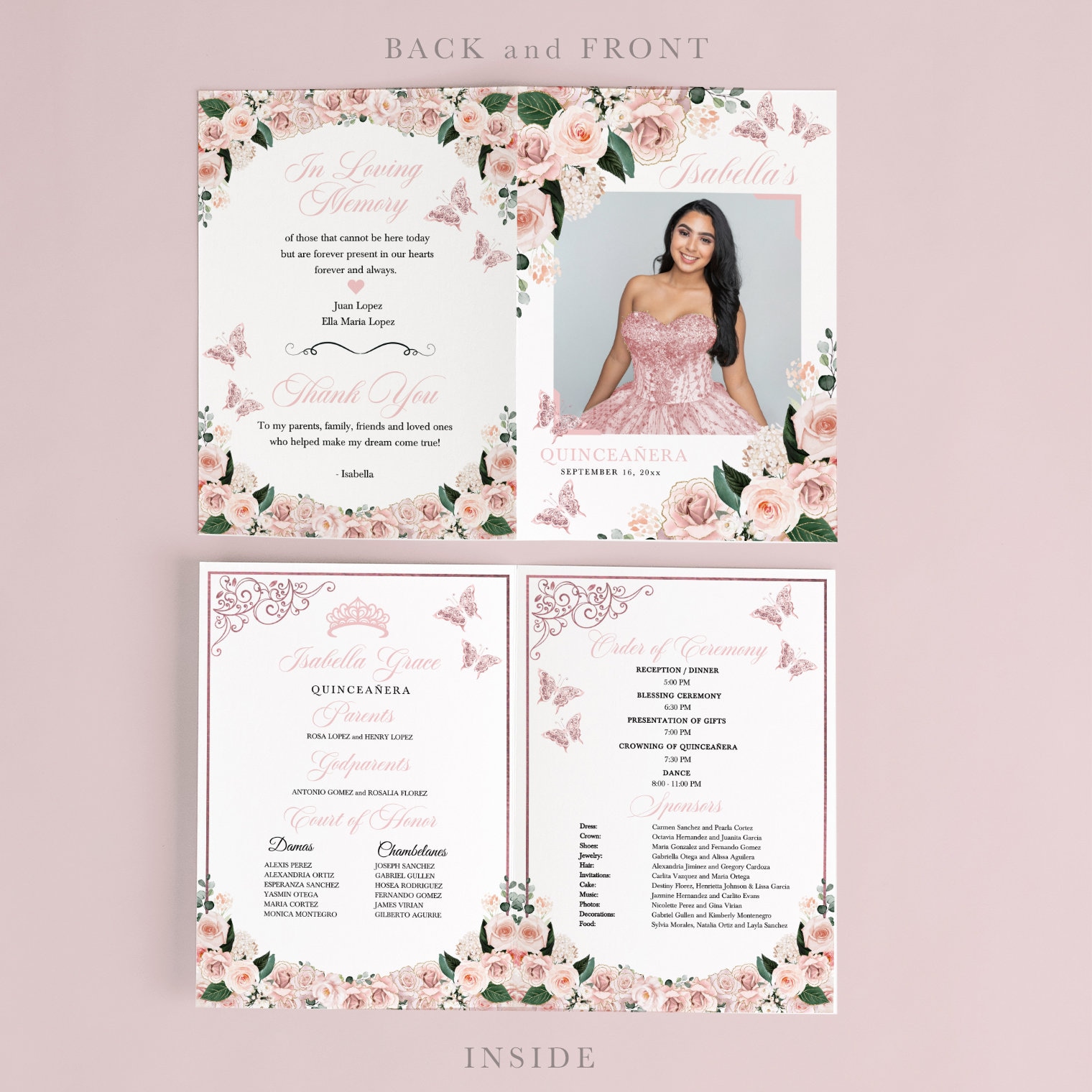 Elegant Blush Pink Floral Quinceanera Program Template (5x7 Bi-fold ...