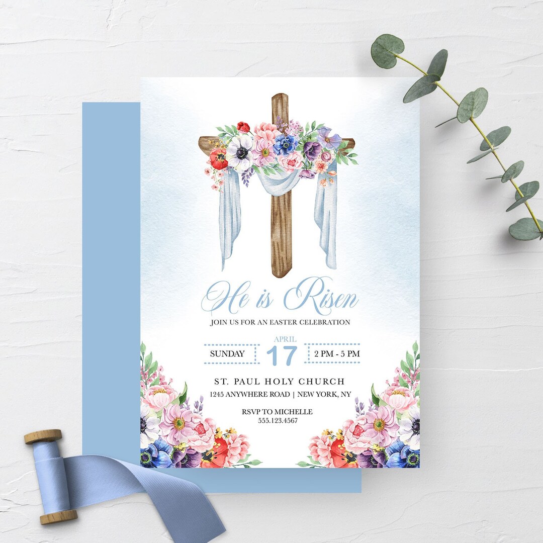 EDITABLE Invitation, Spring Flowers Easter Invitation, He is Risen ...