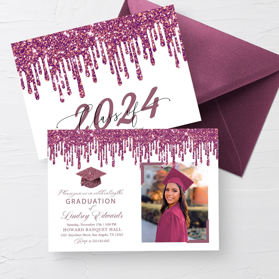 EDITABLE Invitation, Rose Pink Glitter Drip Graduation Photo Invitation ...