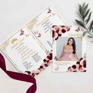 EDITABLE Program Template, Elegant Burgundy Blush Pink Quinceanera ...