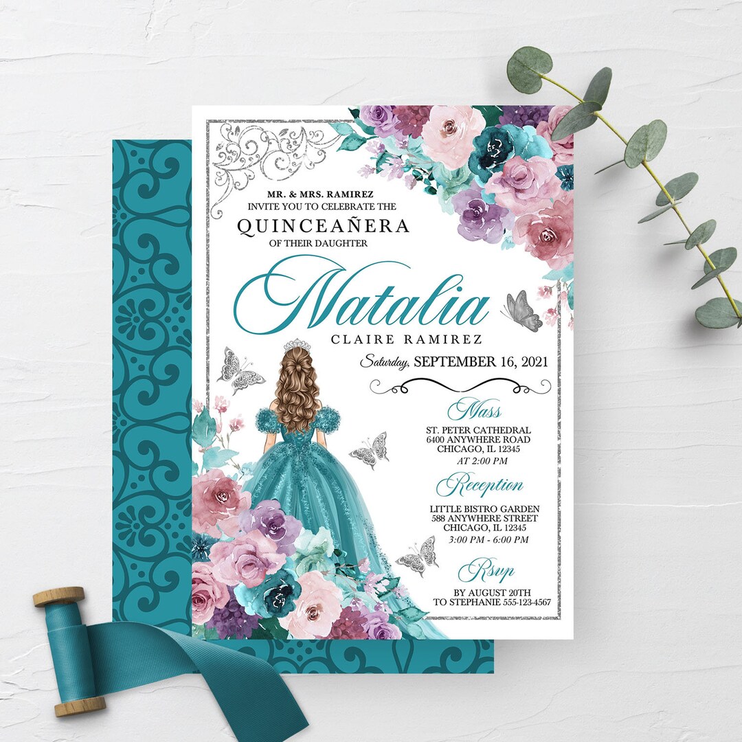 EDITABLE Invitation, Elegant Teal & Mauve Quinceanera Invitation ...