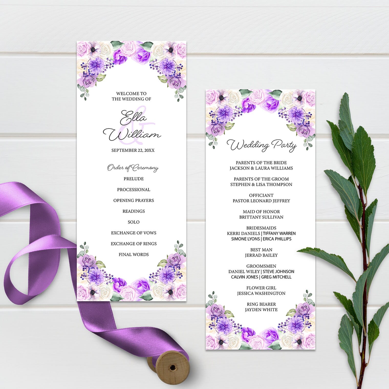 Purple Floral Wedding Program Template: Editable Watercolor (corjl) - Etsy