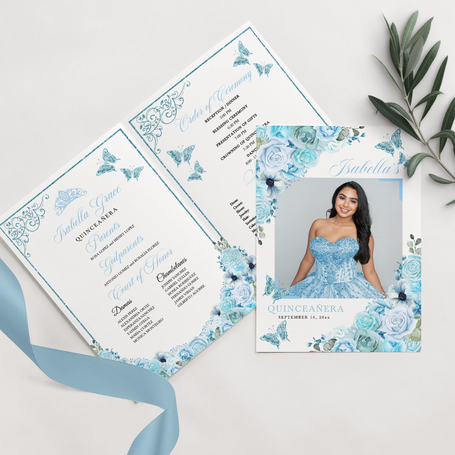 EDITABLE Program Template Elegant Sky Blue Floral Quinceanera - Etsy