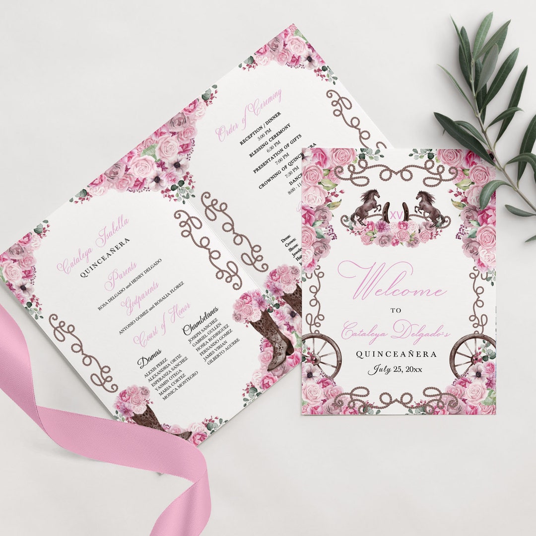 EDITABLE Program Template, Pink Western Charro Quinceanera Program, Mis ...