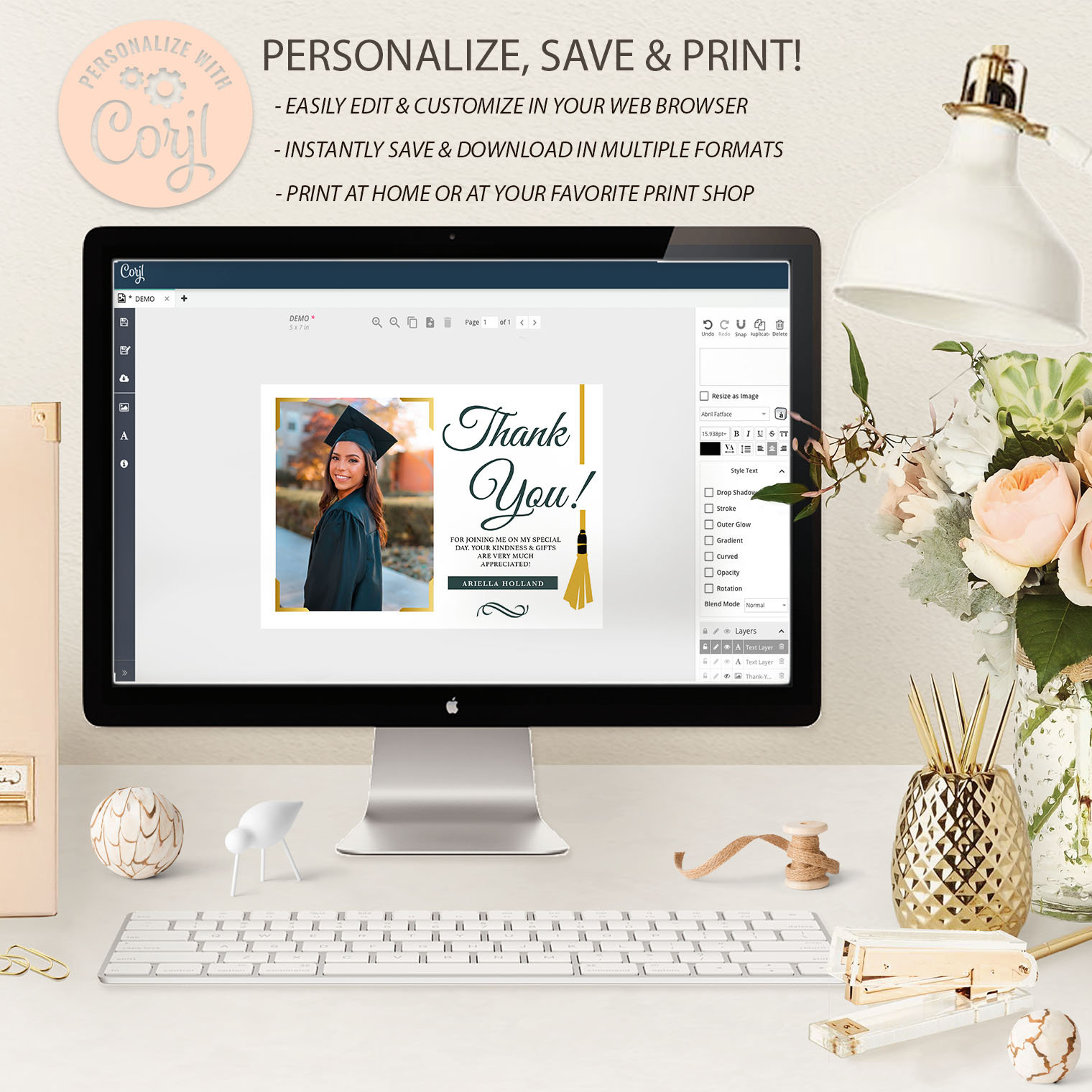Editable Graduation Thank You Photo Card: Printable Invitation (corjl ...