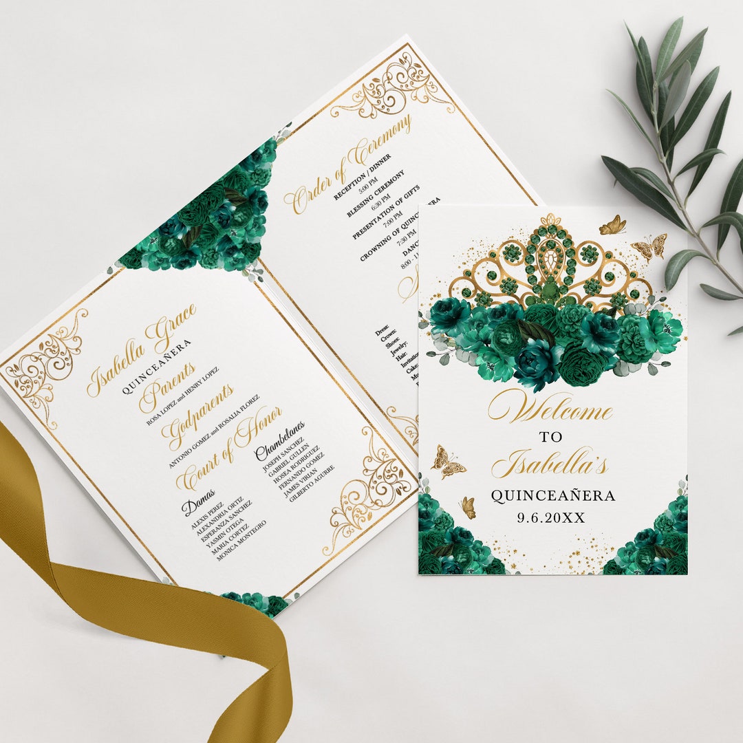EDITABLE Program Template, Emerald Green & Gold Tiara Princess ...