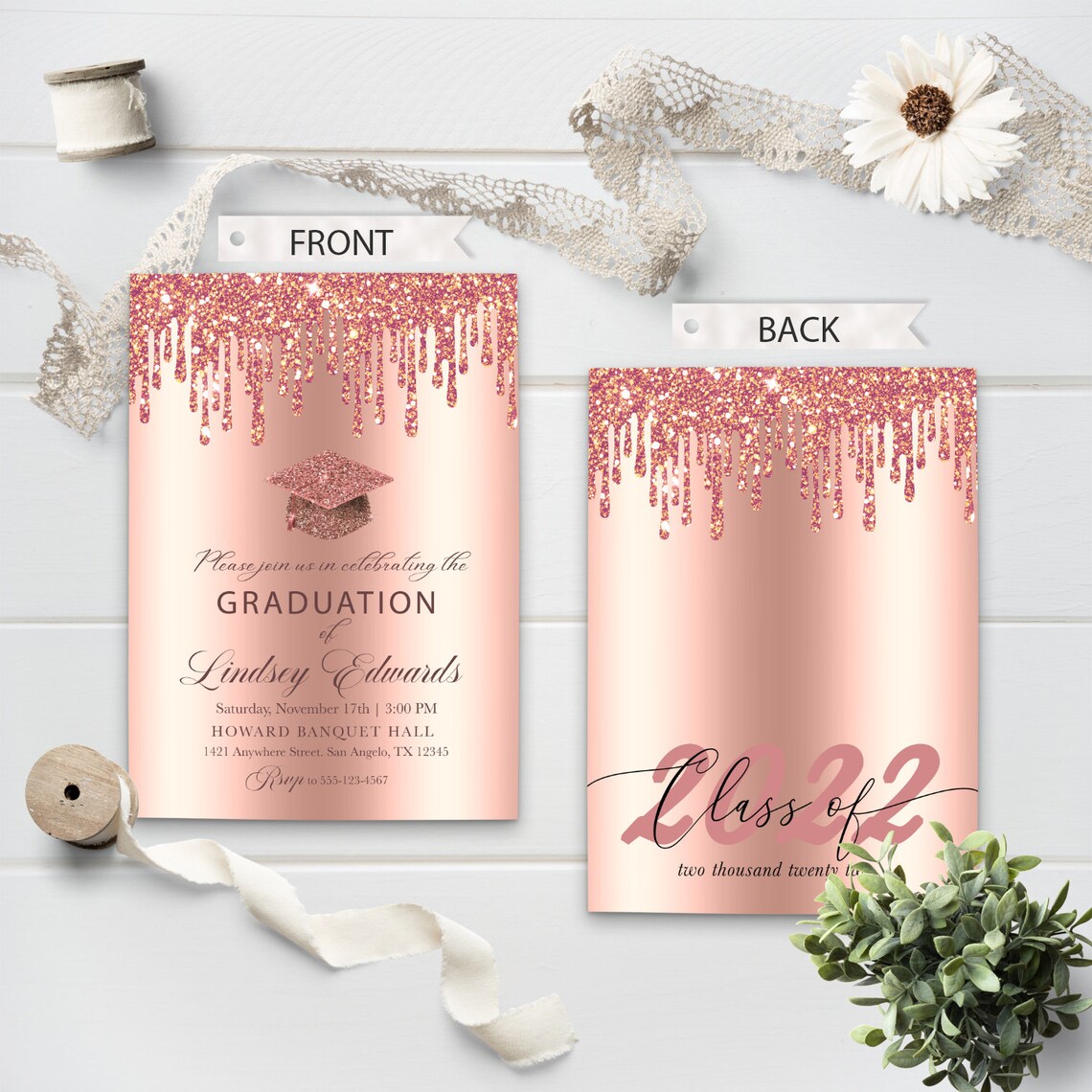 EDITABLE Invitation Rose Gold Glitter Drip Graduation - Etsy