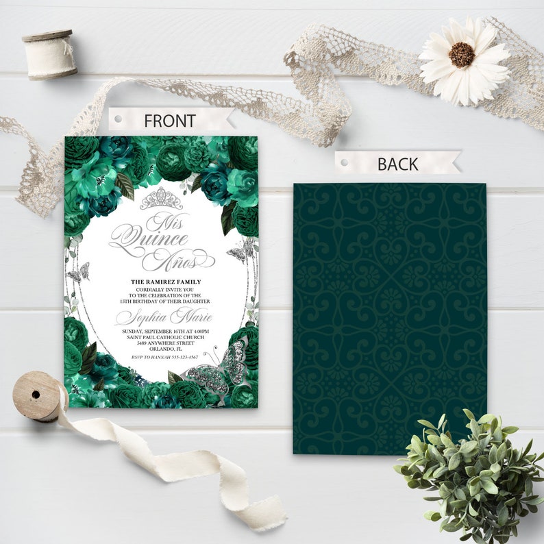 EDITABLE Invitation Emerald Green & Silver Floral Quinceanera - Etsy