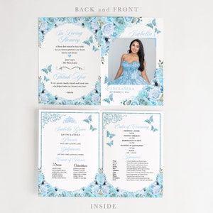 Elegant Floral Quinceanera Program Template: Sky Blue, 5x7 Bi-fold ...