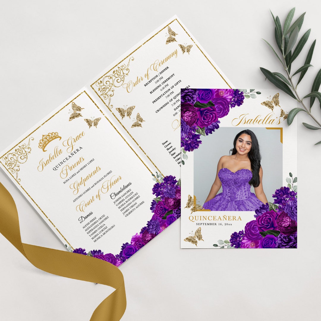 EDITABLE Program Template, Elegant Purple & Gold Floral Quinceanera ...