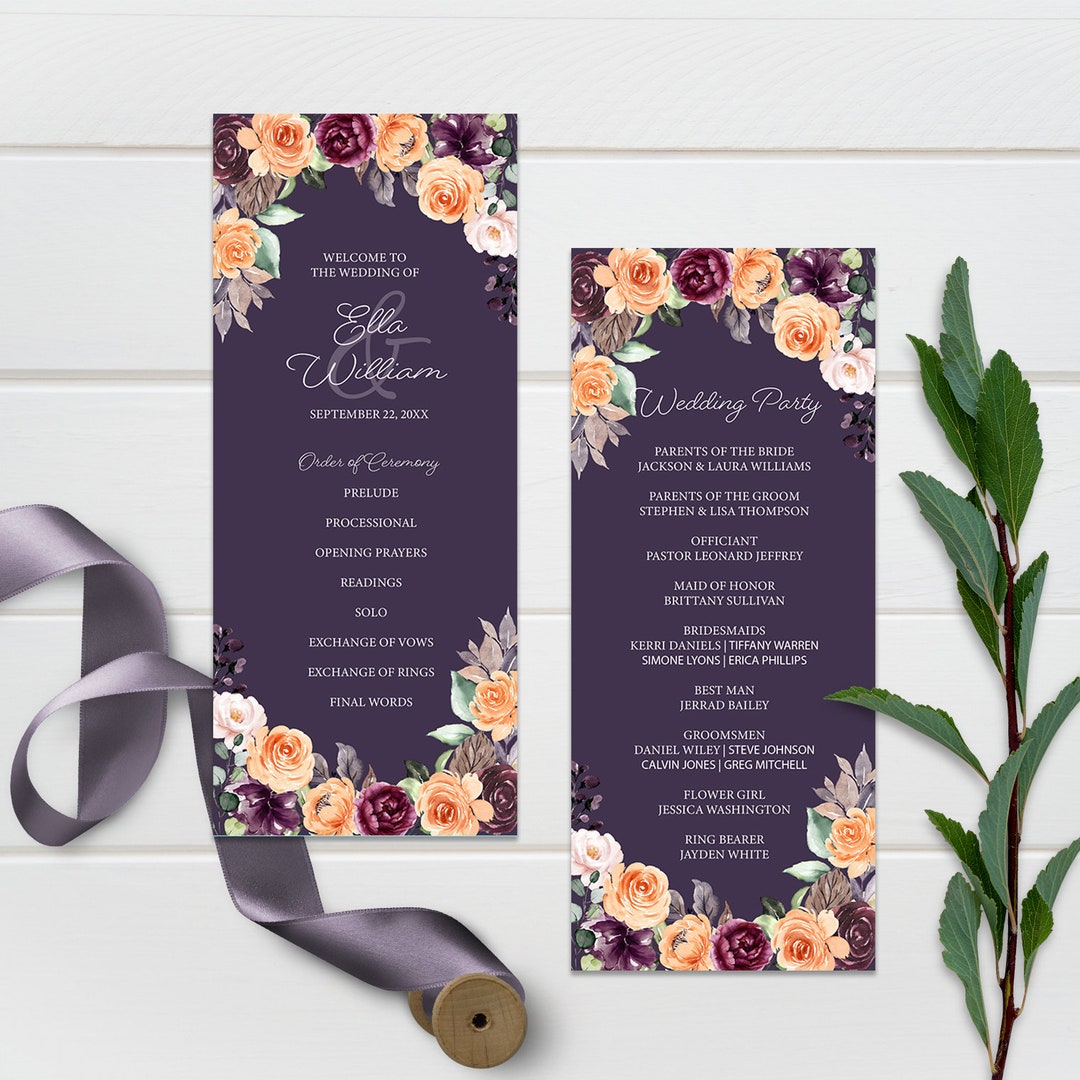 Peach Purple Floral Wedding Program Template (EDITABLE) - Etsy