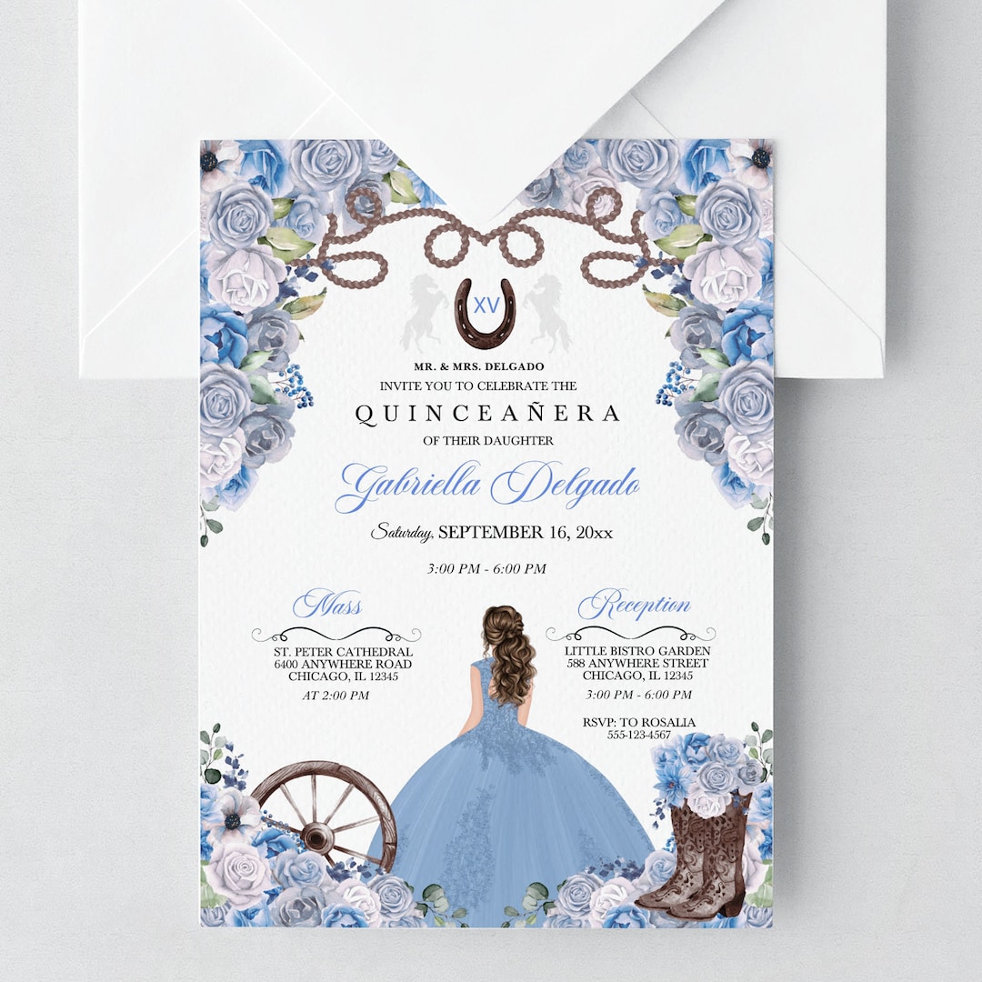 Invitación de quinceañera con botas vaqueras azules: plantilla editable ...