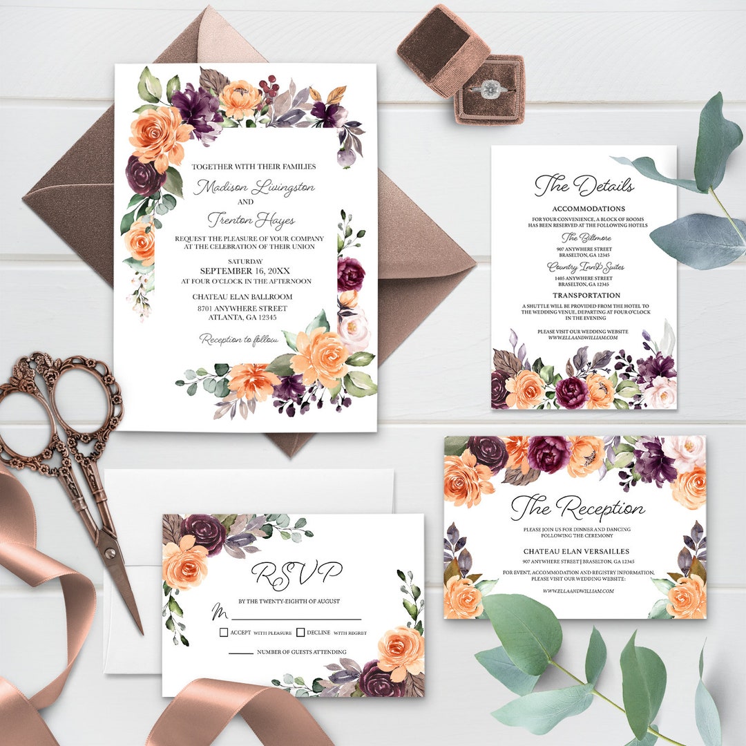 Peach & Purple Floral Wedding Invitation Set (editable on Corjl) - Etsy