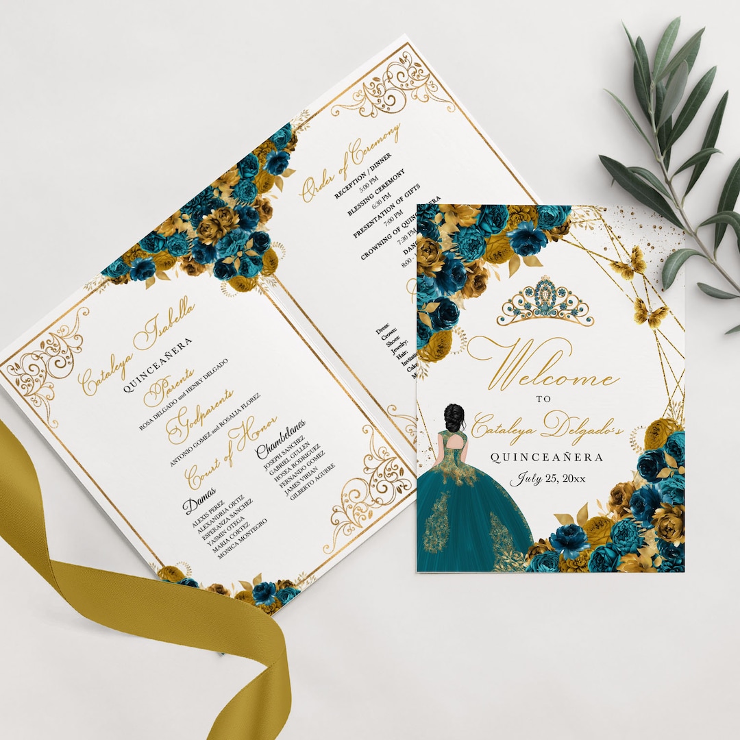 Teal & Gold Floral Quinceanera Program Template (5x7 Bi-fold, Editable ...