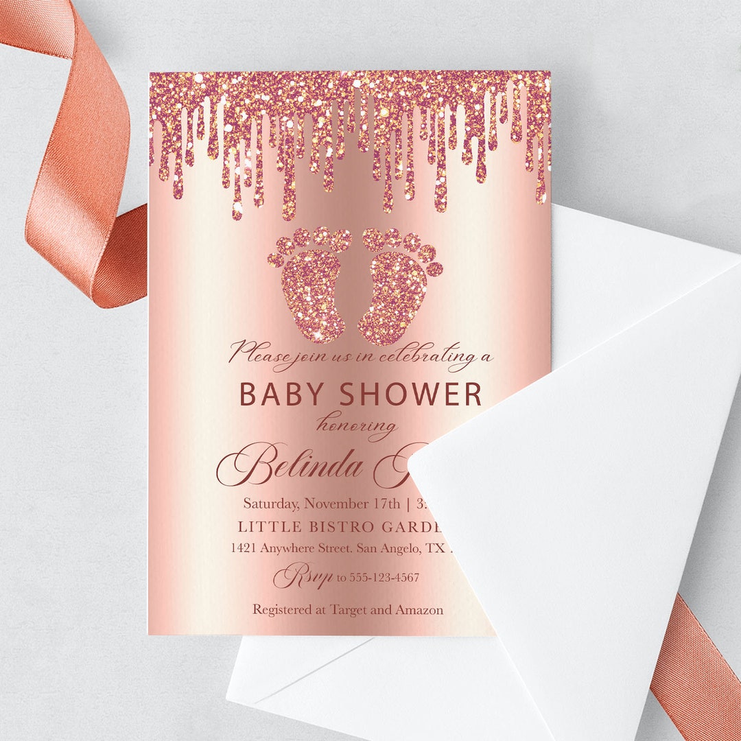 Rose Gold Glitter Baby Shower Invitation With Baby Feet (editable ...