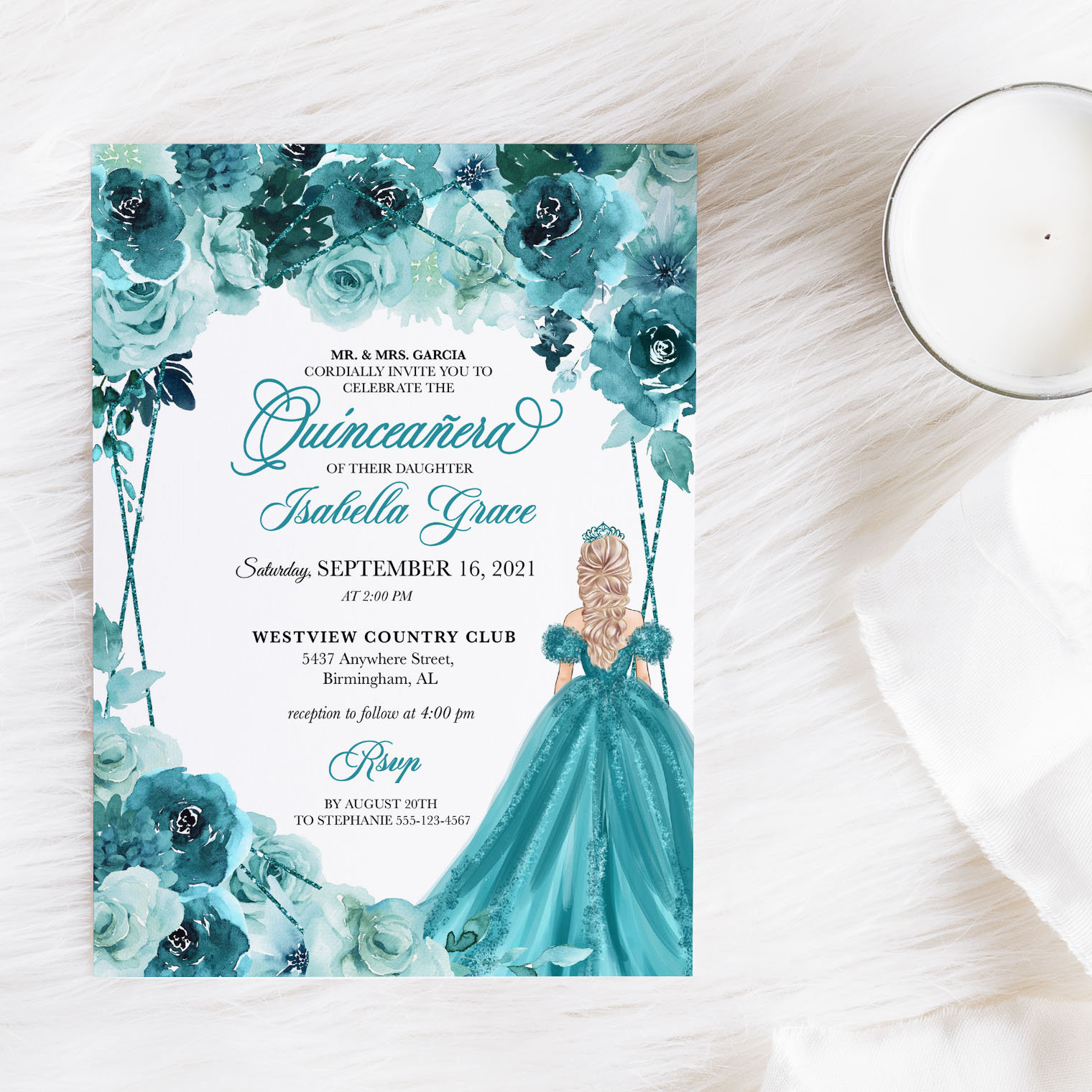 Invitación EDITABLE, Invitación de Quinceañera Turquesa Azulado ...