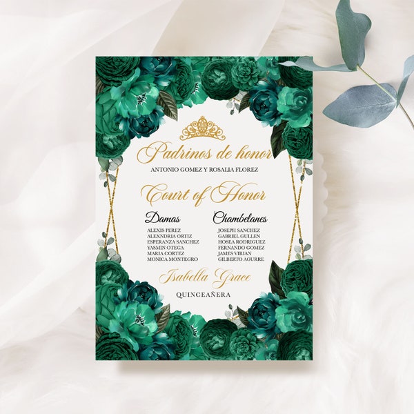 Editable Invitation, Emerald Green Floral Quinceanera Invitation ...