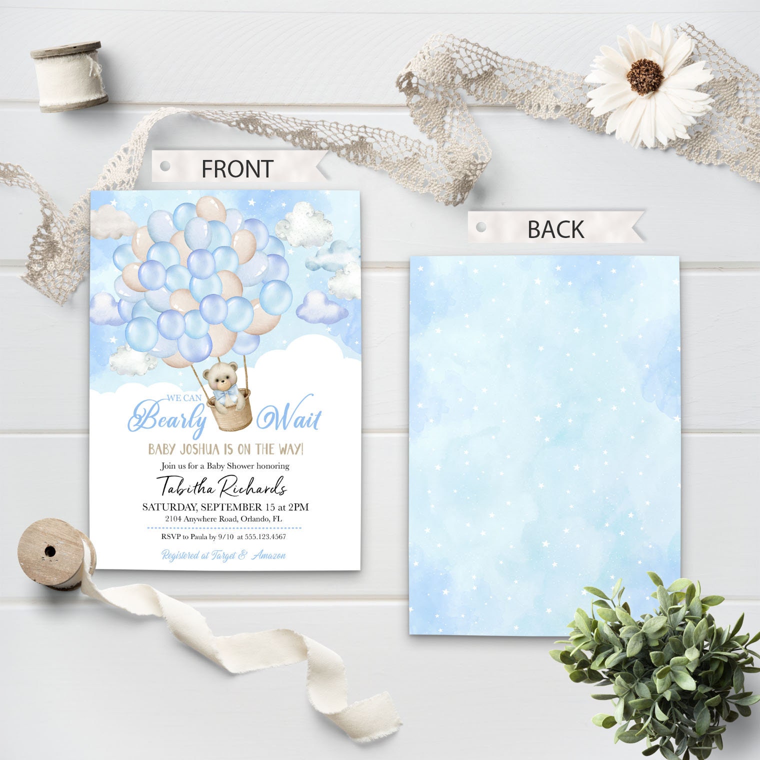 EDITABLE Invitation Blue Hot Air Balloon Teddy Bear Baby - Etsy