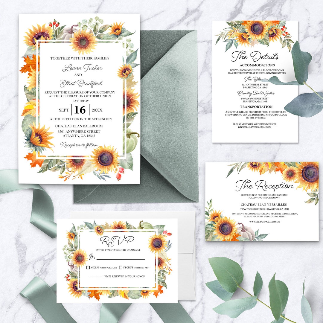 Sunflower Wedding Invitation Bundle: Editable Fall Wedding Invite ...