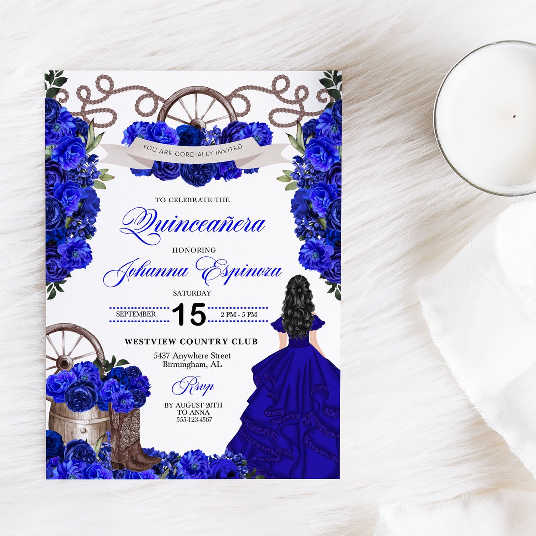 EDITABLE Invitation, Royal Blue Western Ranchero Quinceanera Invitation ...
