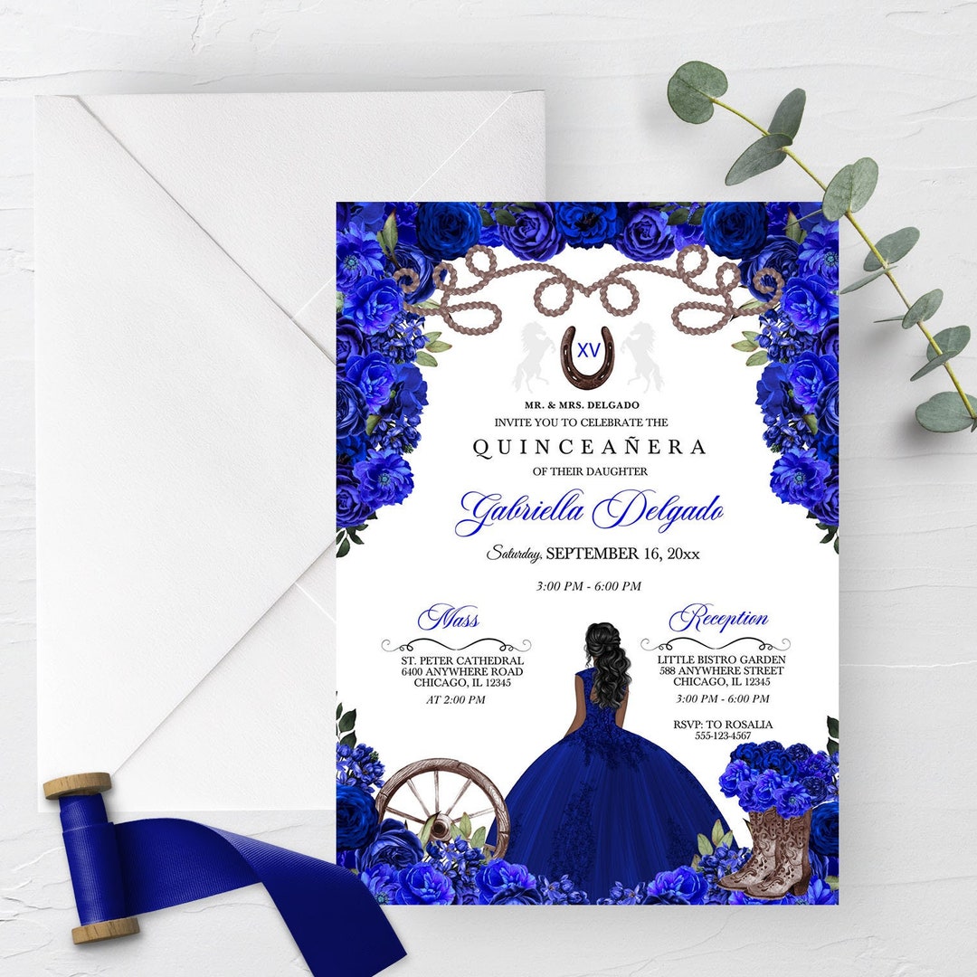 EDITABLE Invitation, Royal Blue Western Ranchero Quinceanera Invitation ...