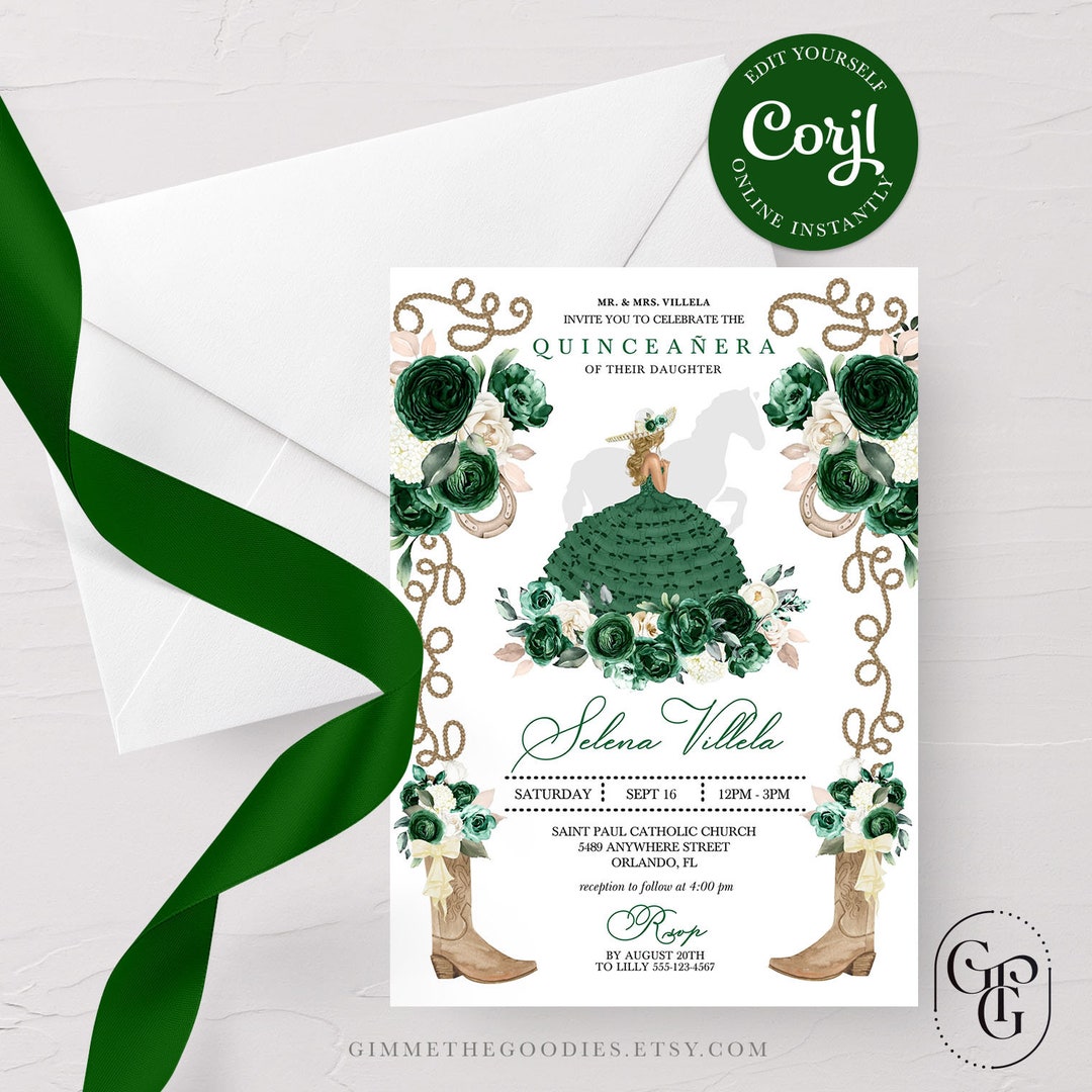 Green Western Mariachi Charro Cowgirl Quinceanera Invitation, Fiesta ...