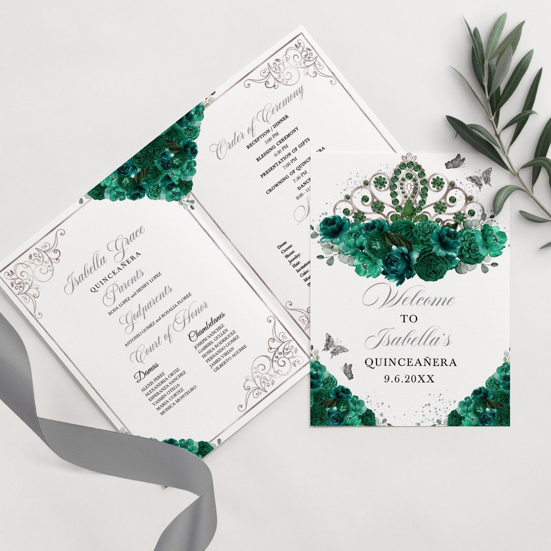 EDITABLE Program Template, Emerald Green & Silver Tiara Princess ...