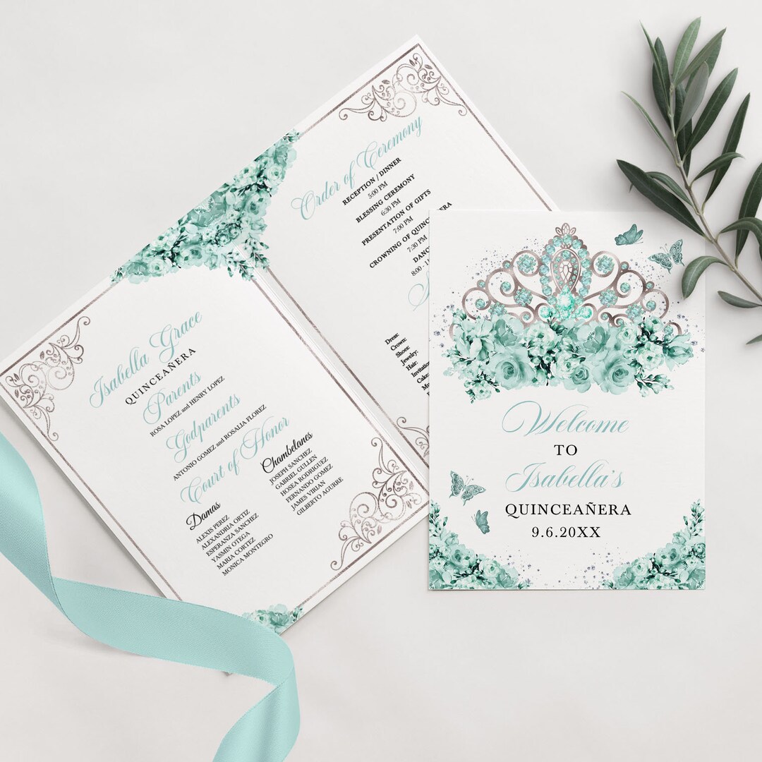 EDITABLE Program Template, Mint Green & Silver Tiara Princess ...