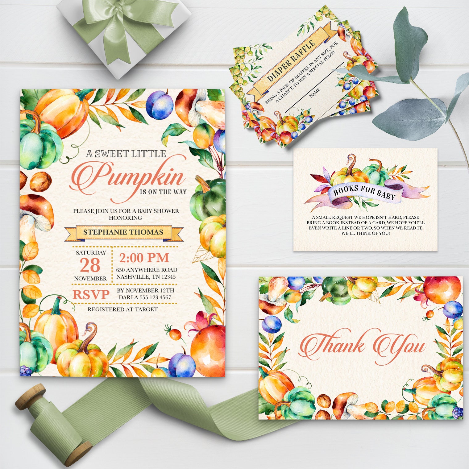 Fall Pumpkin Baby Shower Invitation Bundle: Editable Template (corjl ...