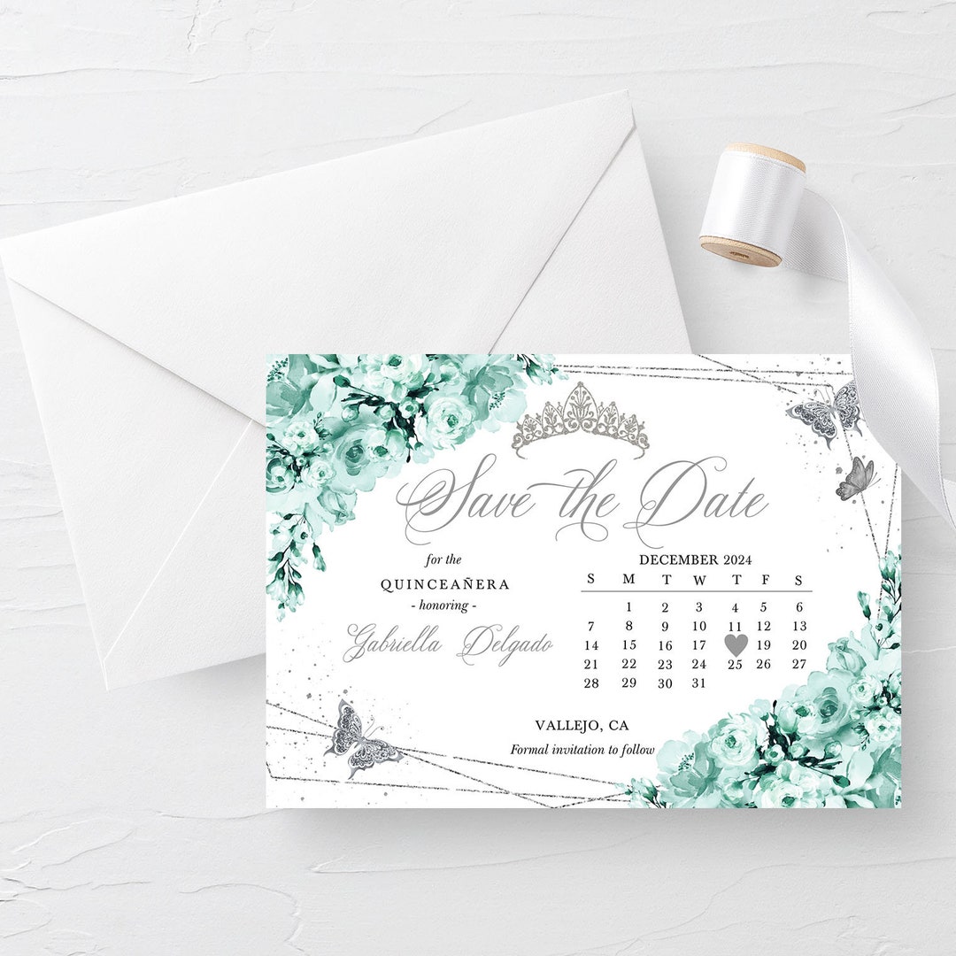 EDITABLE Invitation, Mint Green & Silver Floral Quinceanera Save the ...