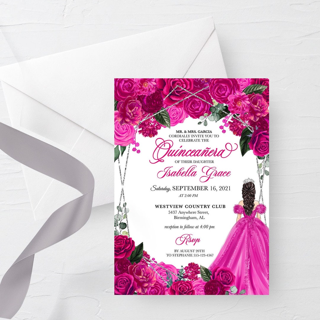 Invitación EDITABLE, Elegante Invitación a Quinceañera Floral Rosa ...