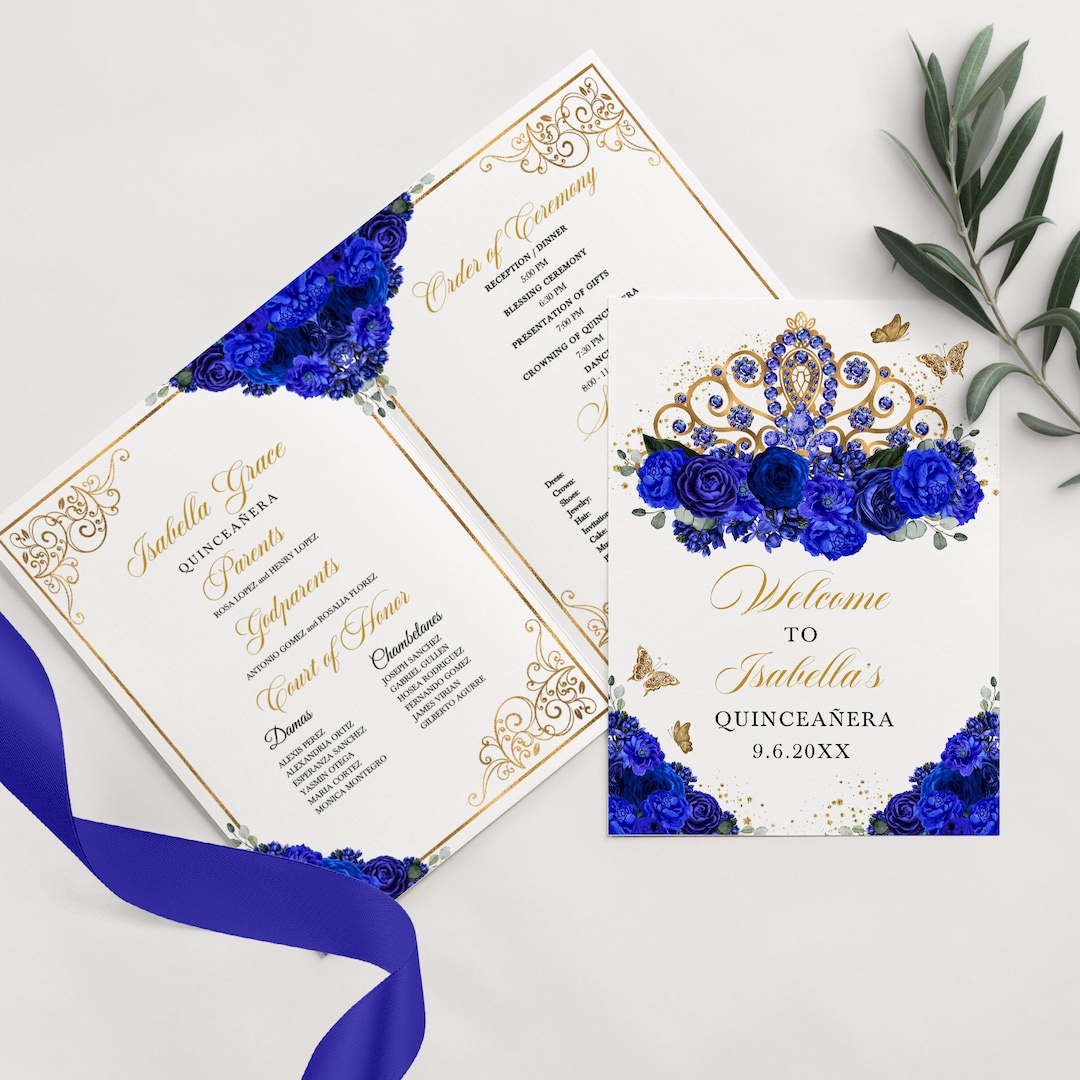 Royal Blue & Gold Quinceanera Program Template (editable, 5x7 Bi-fold ...