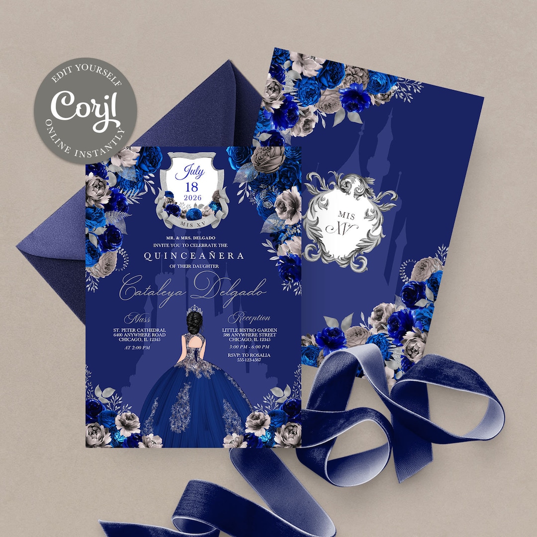 EDITABLE Invitation, Royal Blue & Silver Floral Quinceanera Invitation ...
