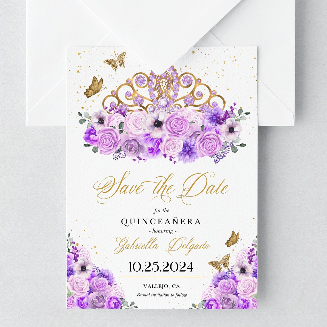 Floral Quinceanera Save the Date Invitation: Lilac & Gold (editable ...