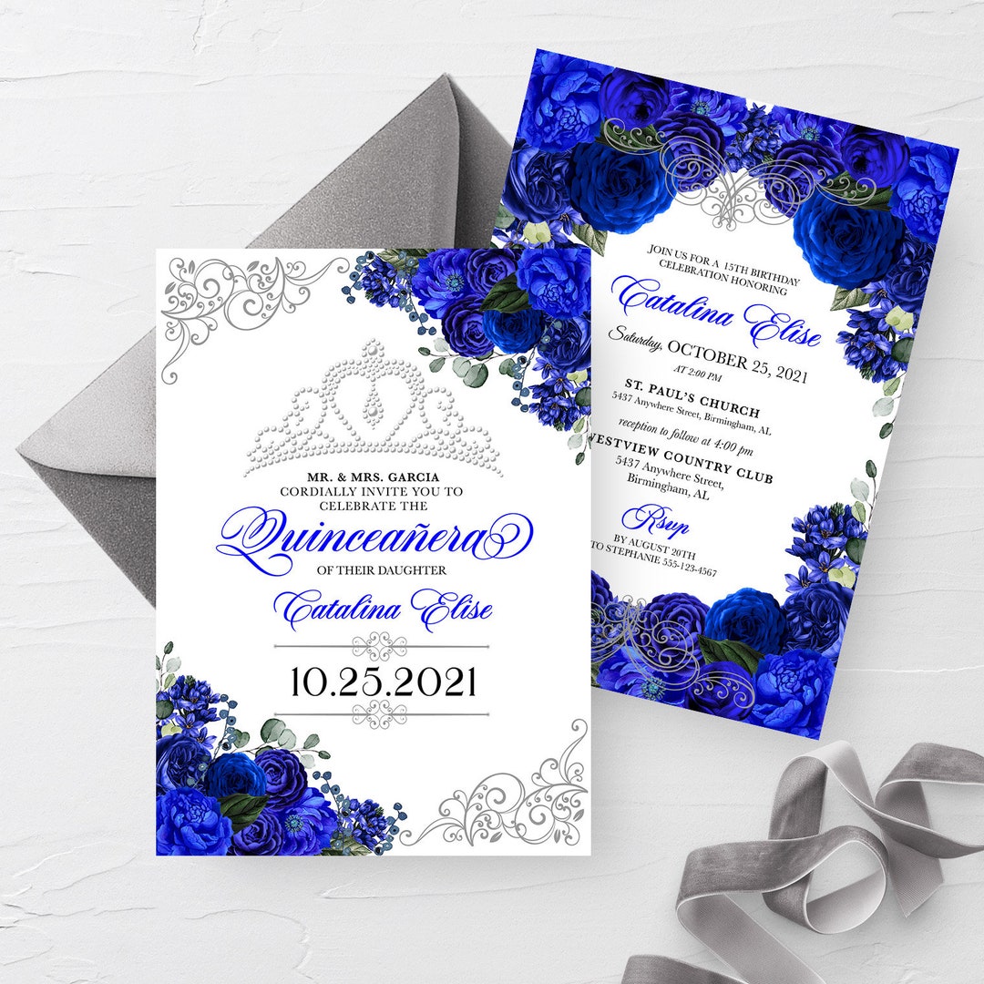 EDITABLE Invitation, Elegant Royal Blue Silver Floral Quinceanera ...