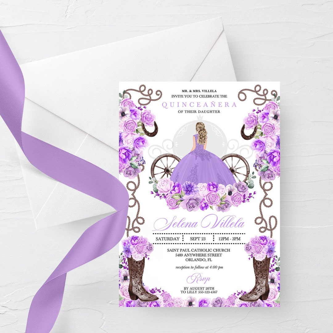 Invitación de quinceañera con botas vaqueras lilas: Plantilla editable ...