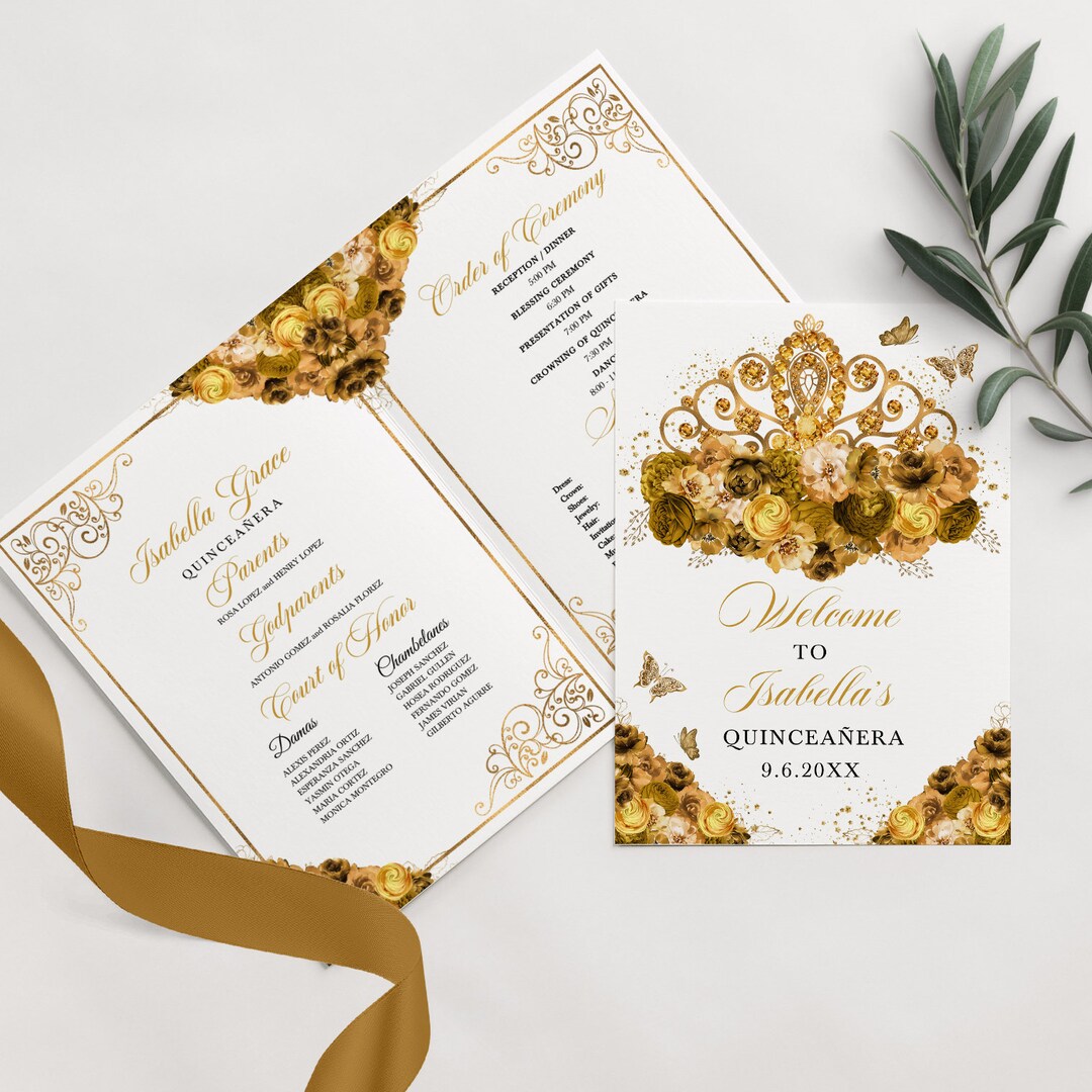 EDITABLE Program Template, Gold Tiara Princess Quinceanera Program, Mis ...